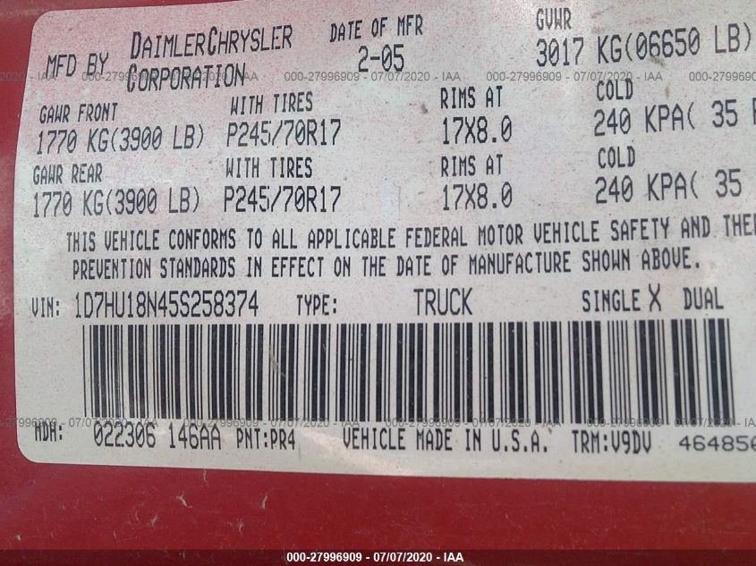 2005 Dodge RAM | VIN: 1D7HU18N45S258374 | America Motors