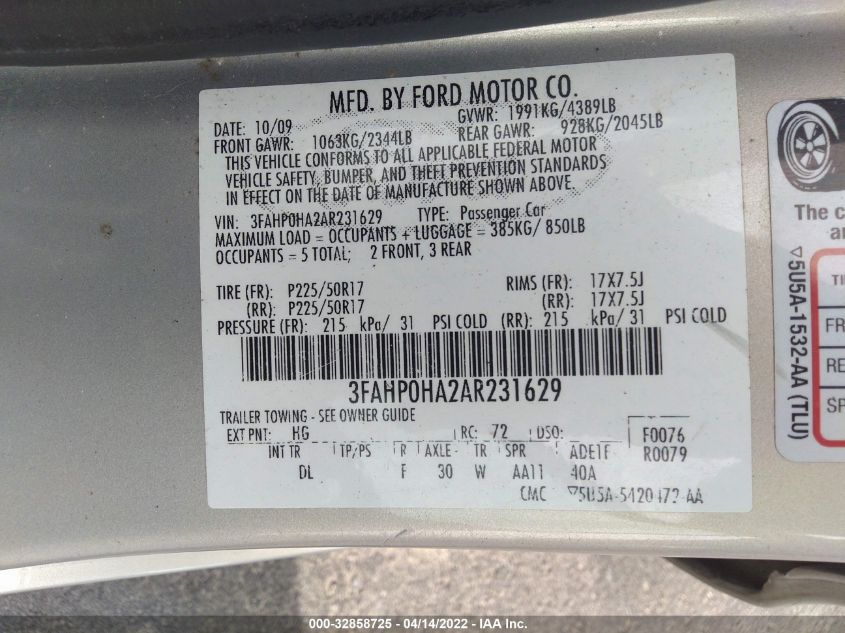 2010 Ford FUSION | VIN: 3FAHP0HA2AR231629 | America Motors