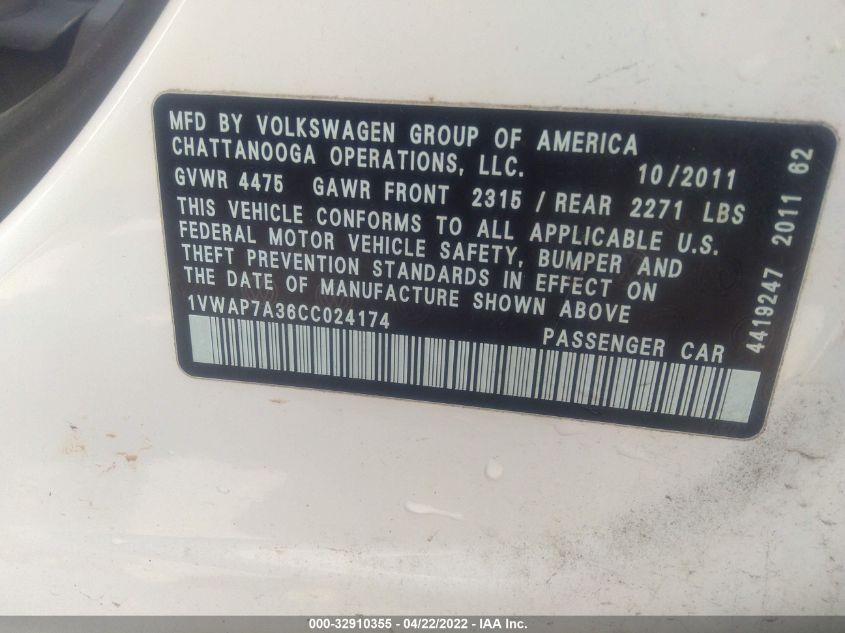 2012 Volkswagen PASSAT | VIN: 1VWAP7A36CC024174 | America Motors